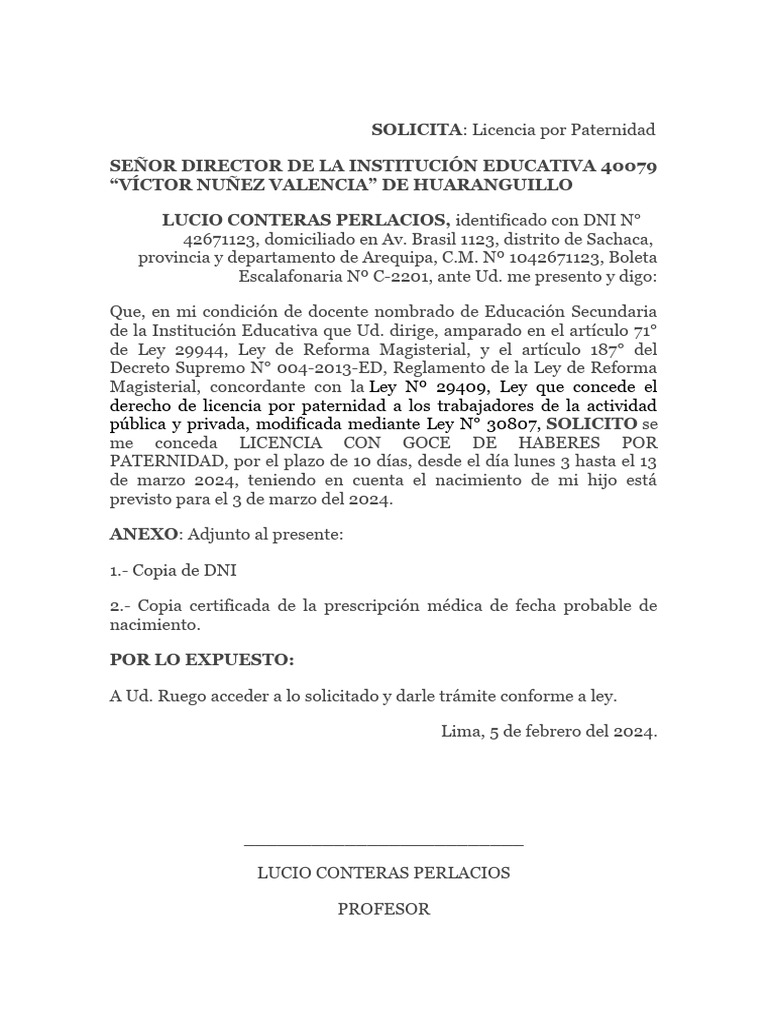 Solicitud Licencia Por Paternidad | PDF | Derecho