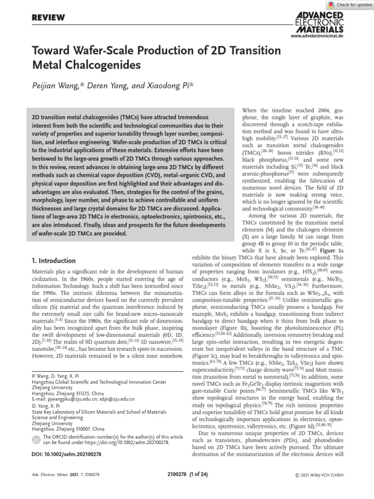 AEM 综述Toward Wafer‐Scale Production of 2D Transition Metal ...