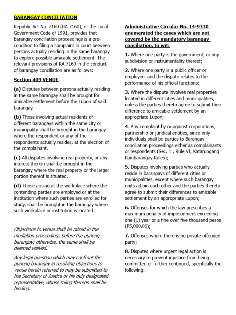 Barangay Conciliation - Draft | PDF