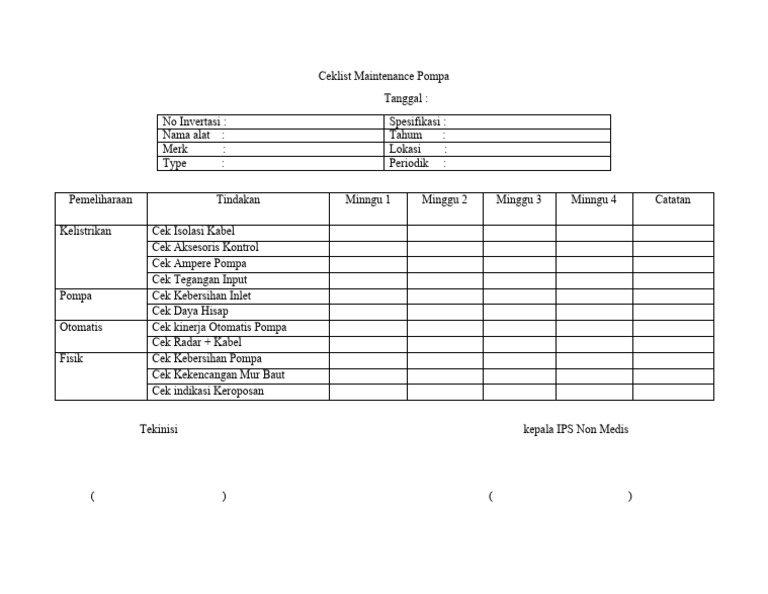 Ceklist Maintenance Pompa | PDF