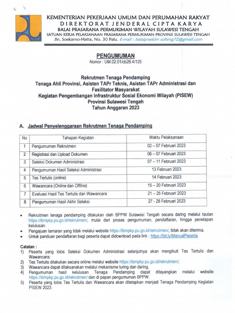 Pengumuman Rekrutmen Tenaga Pendamping Keg PISEW T A 2023 | PDF