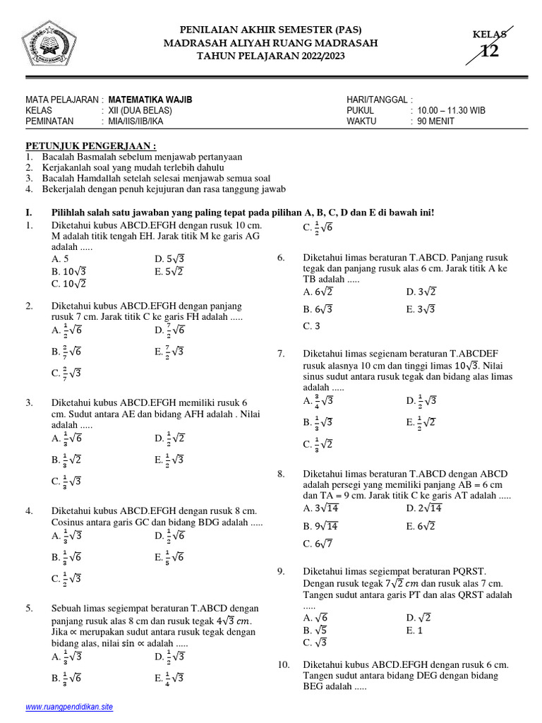 SOAL PAS MTK Wajib KELAS 12 | PDF | Metode & Bahan Ajar