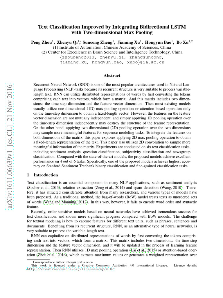 Text Classification Improved Bt Integrating Bidirectional Lstm With Two Dimensional Max Pooling