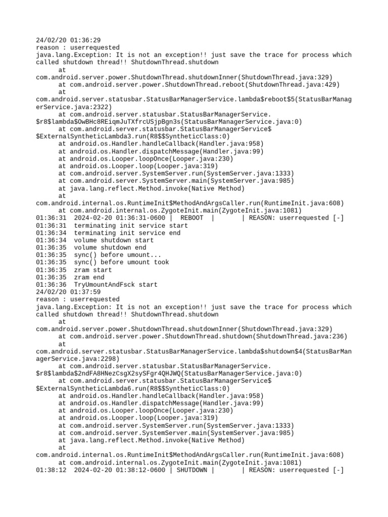 Android Shutdown & Reboot Logs | PDF | Java (Programming Language) | Information Technology