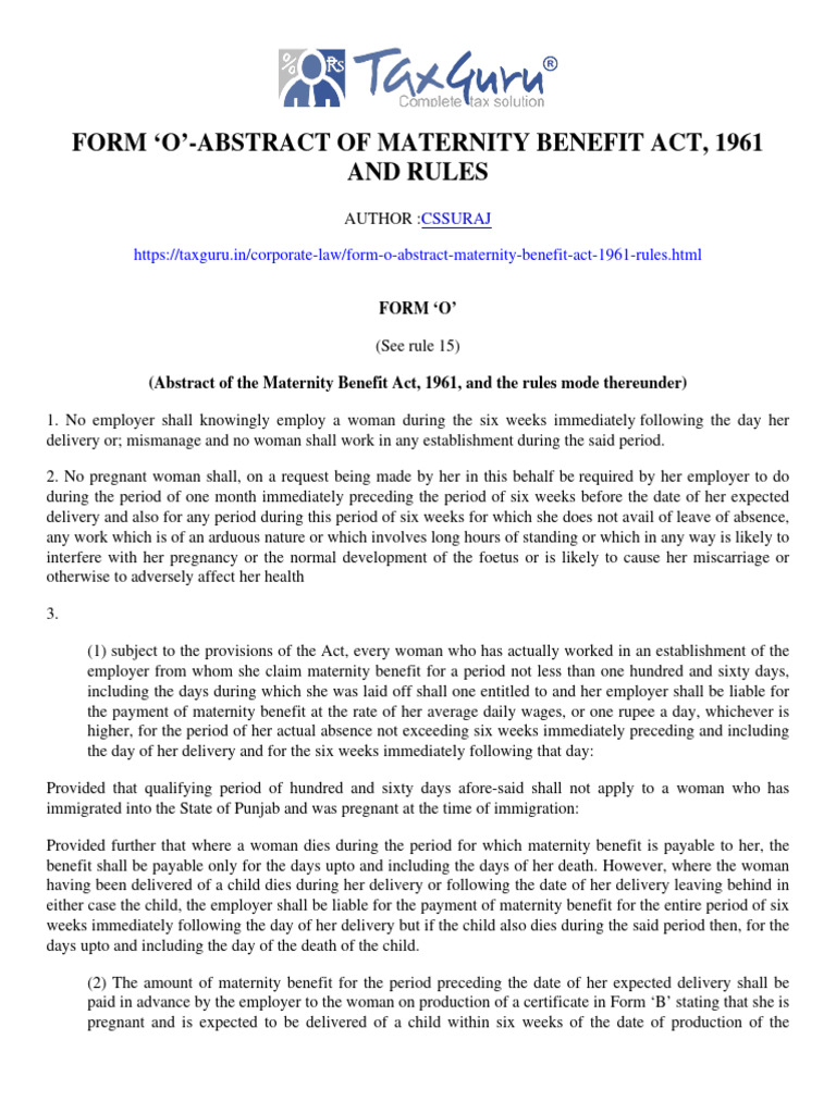 FORM O'-Abstract of Maternity Benefit Act, 1961 and Rules - Taxguru - in | PDF | Pregnancy ...