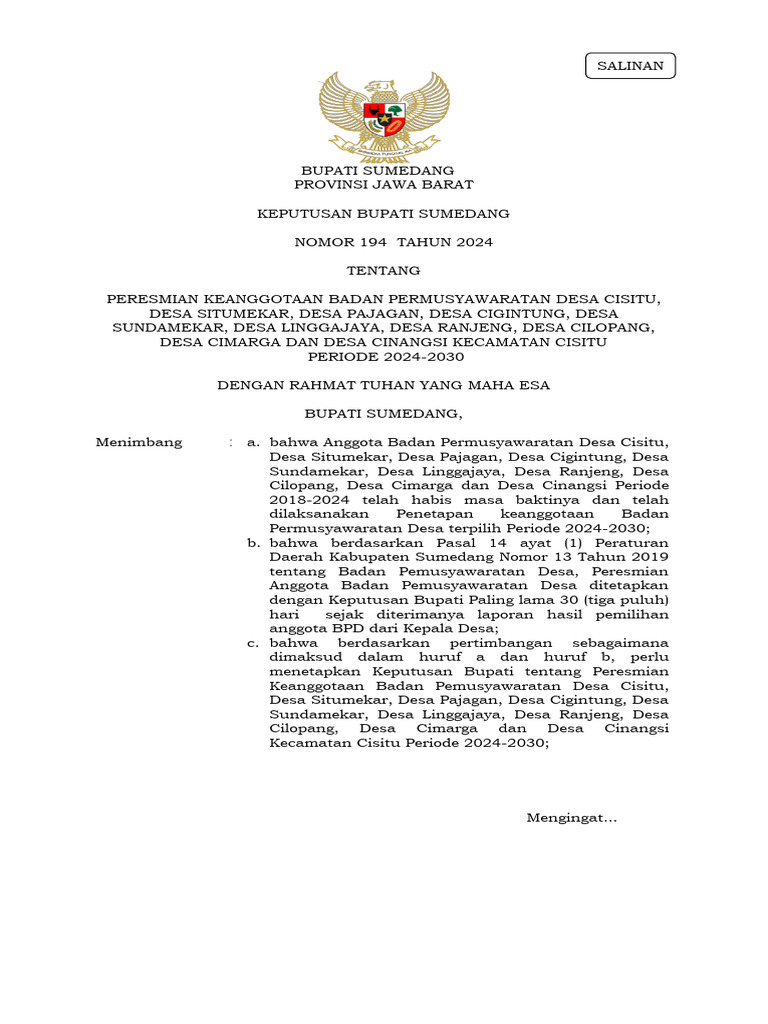 Kepbup Nomor 194 Tahun 2024 TTG Keanggotaan Kc. Cisitu | PDF