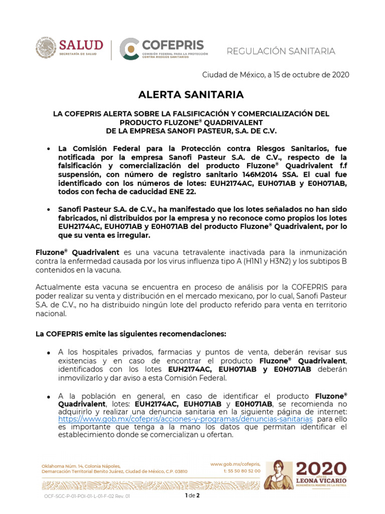Alerta_Sanitaria_Fluzone | PDF | Virus de la Influenza A Subtipo H1 N1 ...