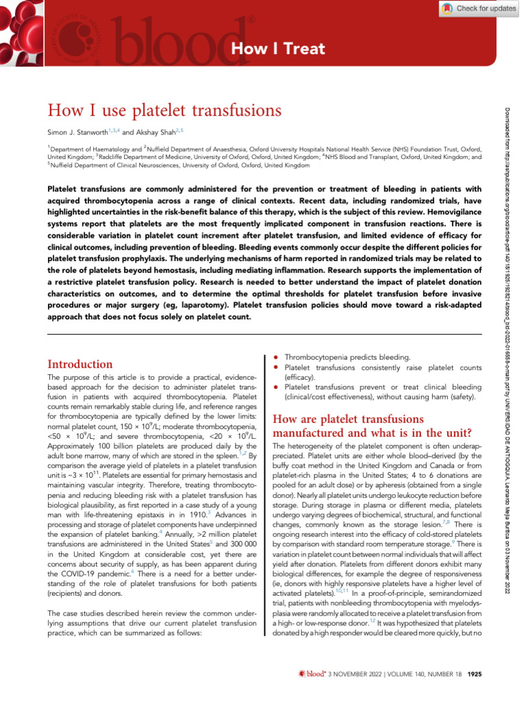 How I Use Platelet Transfusions - Blood 2022 | PDF | Blood Transfusion ...