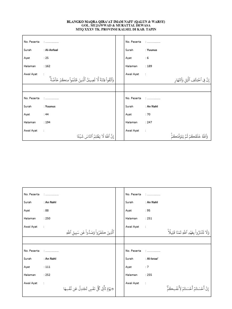 Blangko Maqra Qira'at Nafi,'Ibnu Katsir & Abu 'Amr-MTQ Tapin | PDF