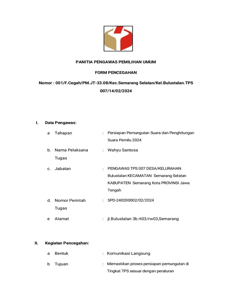 001 Form Cegah Persiapan Bulustalan TPS 07 | PDF