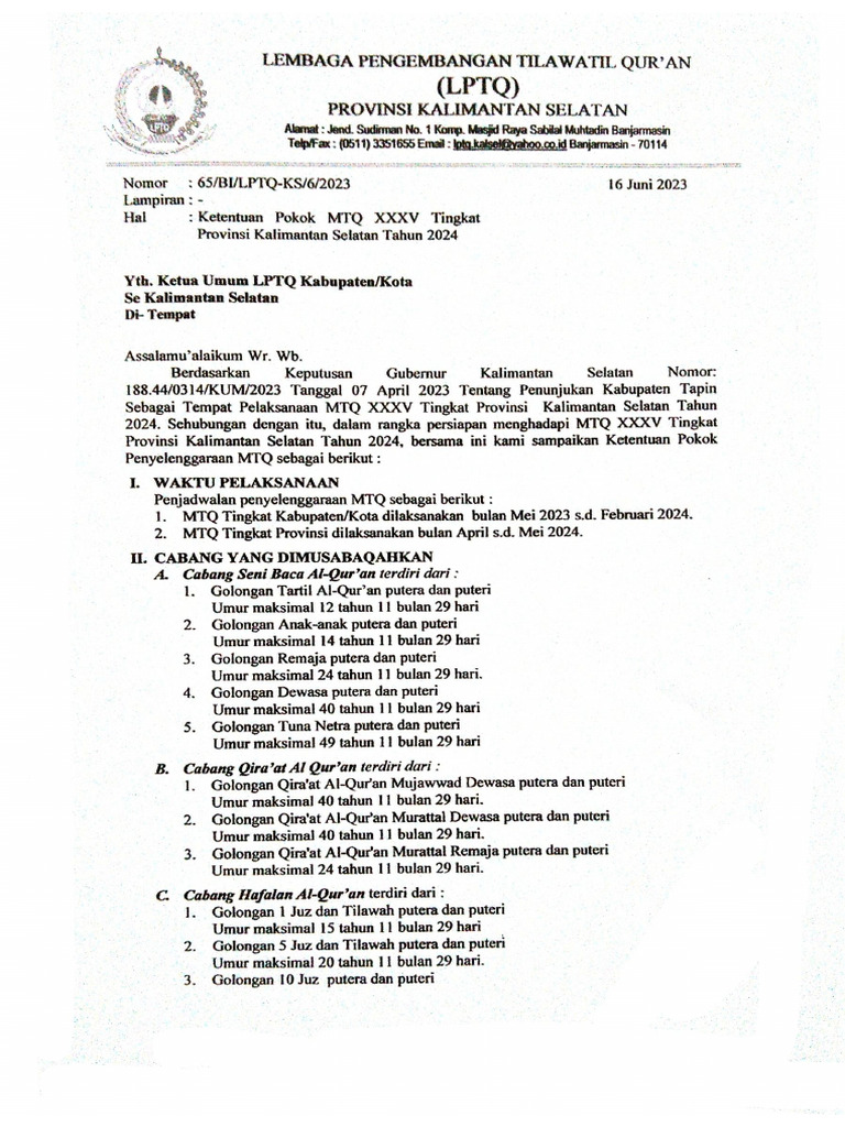 Ketentuan Pokok MTQ Prov 2024 Ok | PDF