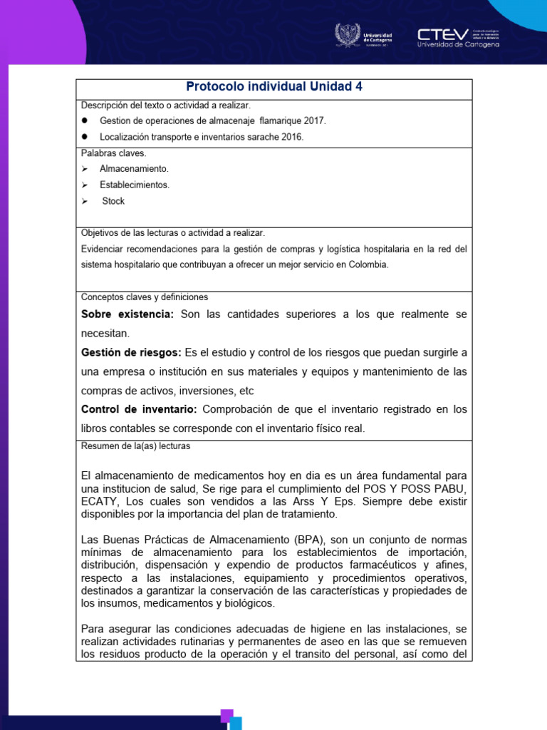 Protocolo Individual Unidad #4 Suministro | Descargar gratis PDF | Inventario