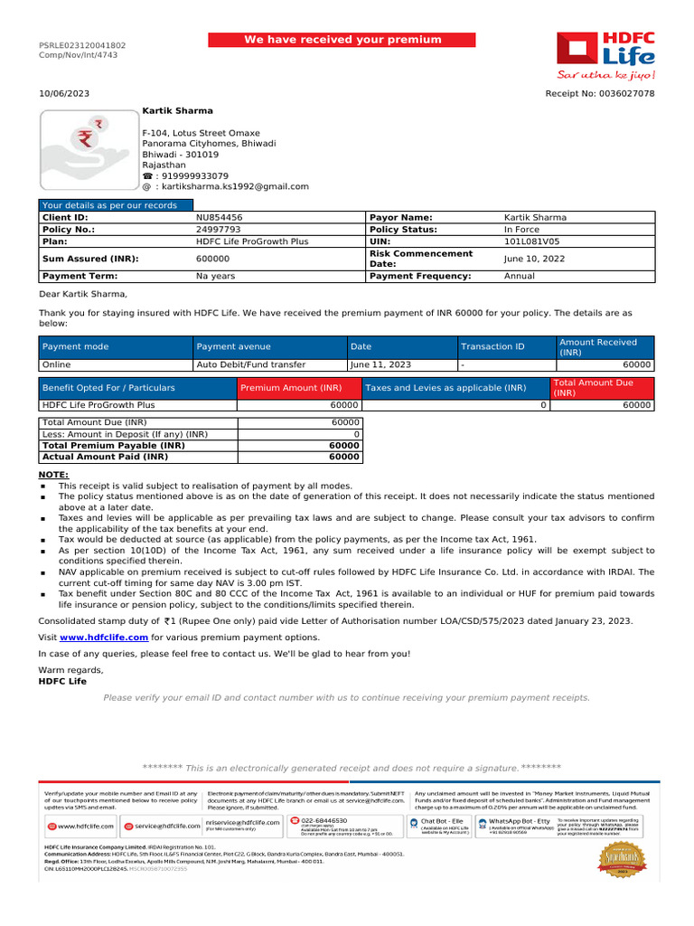 Discovery Fund Premium Receipts | Download Free PDF | Insurance | Life ...
