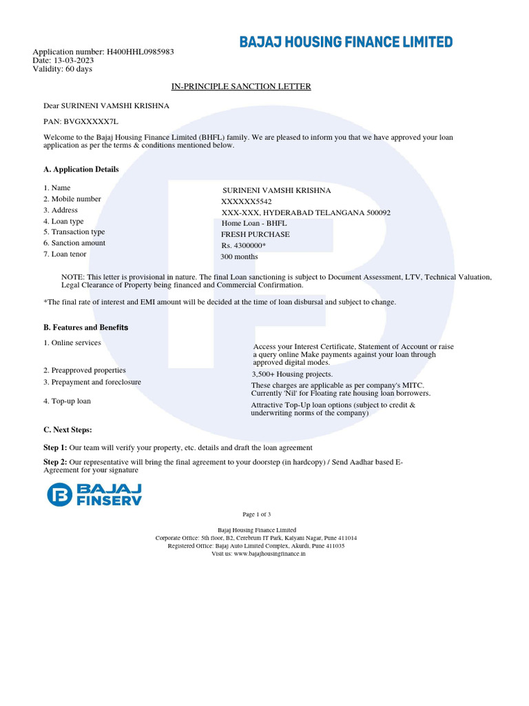 H400HHL0985983_BHFL In-Principle Sanction Letter | PDF