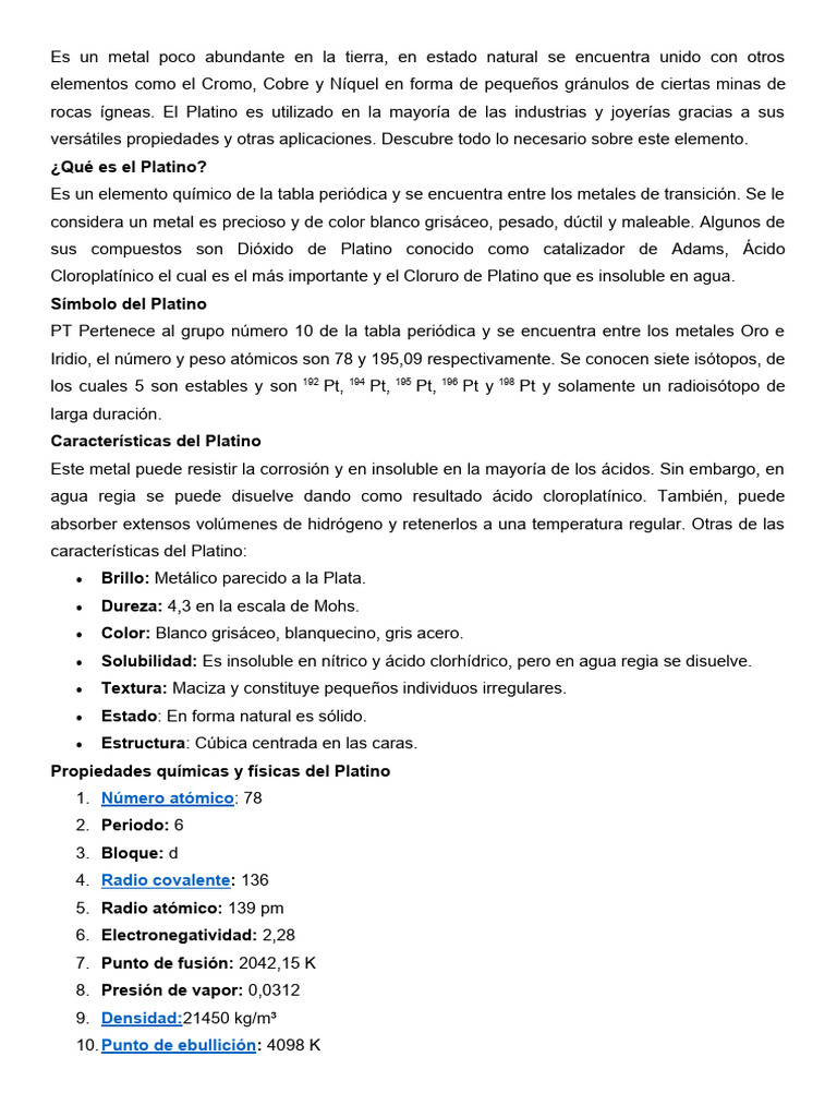 Es un metal poco abundante en la tierra | PDF | Platino | Rieles
