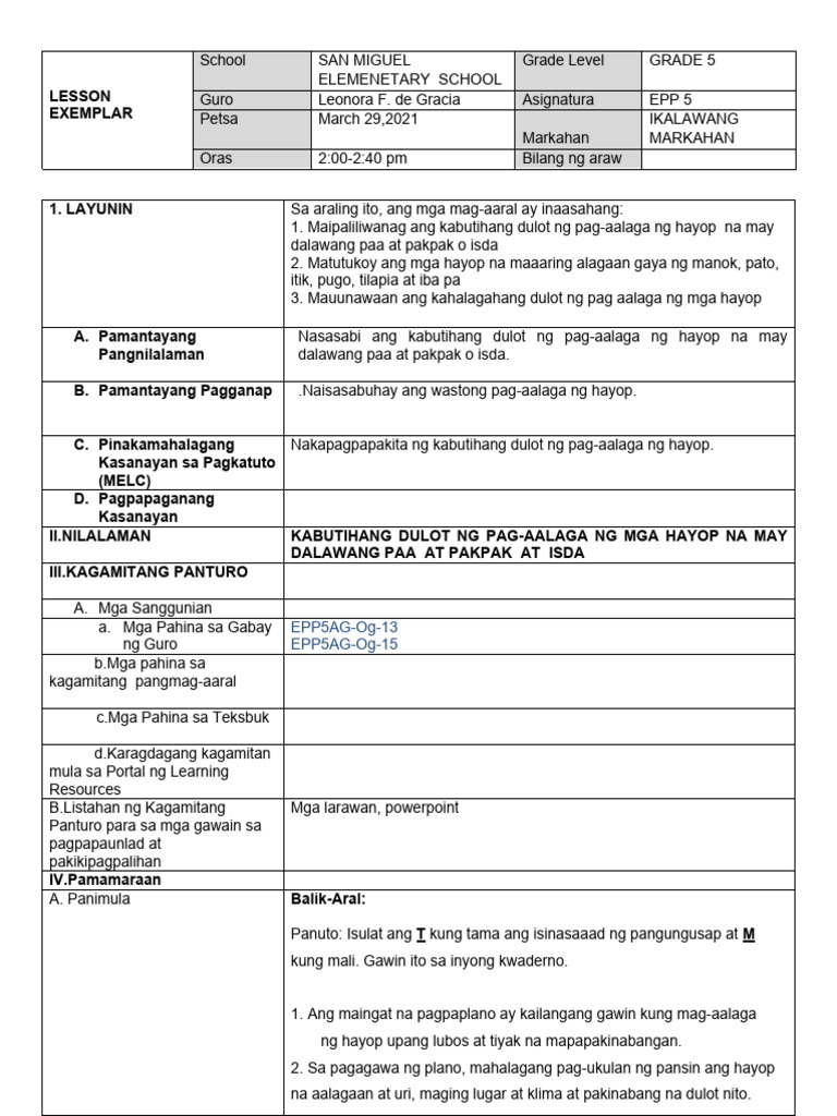 Lesson Exemplar G5 EPP 2ND Quarter Melc L.de Gracia | PDF