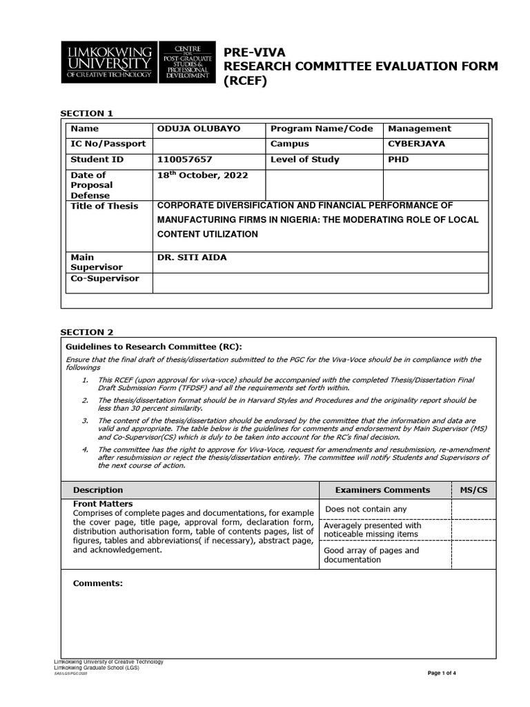 Proposal Defense Evaluation Form ODUJA OLUBAYO 110057657 | PDF | Thesis ...