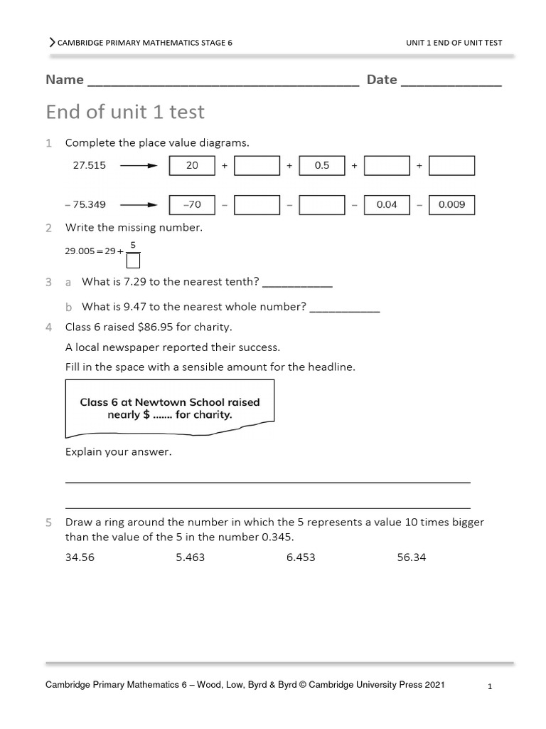 Prim Maths 6 2ed TR Unit 1 Test | PDF