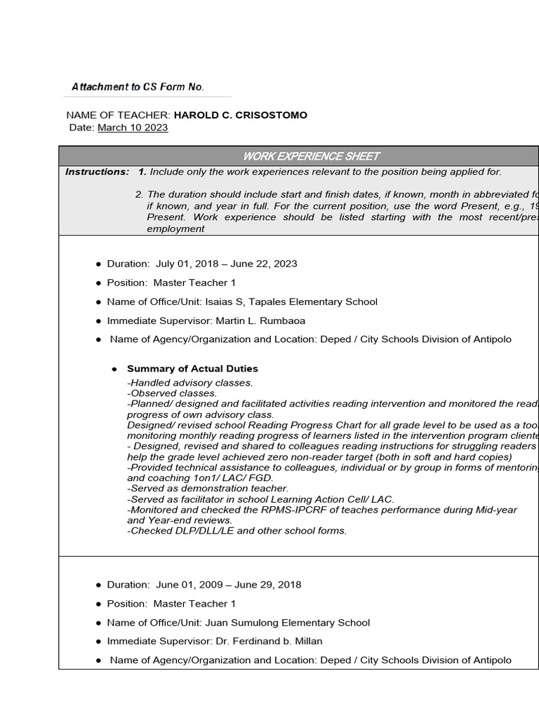 Additional-Work-Experience-Sheet (3) PDS Crisostomo Harold C. | PDF