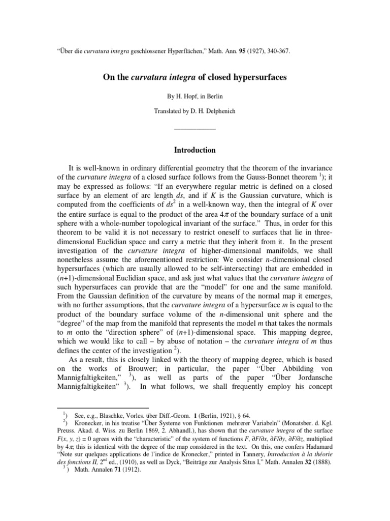 On The Curvatura Integra of Closed Hypersurfaces - Heinz Hopf | PDF ...