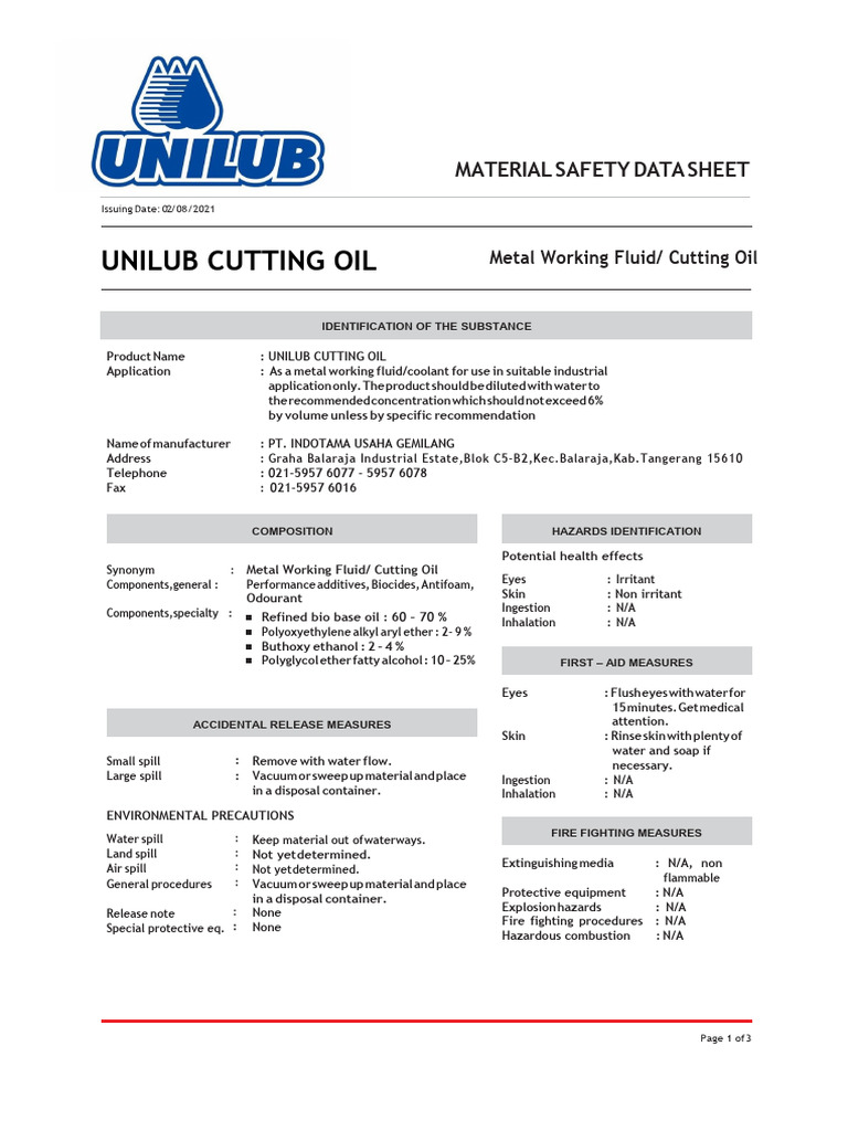 Msds Unilub Cutting Oil-1 | PDF | Chemistry | Occupational Safety And ...