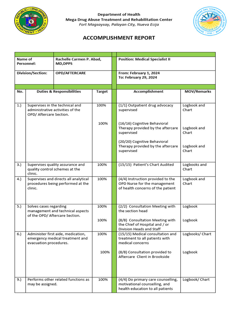 Accomplishment Report: Department of Health Mega Drug Abuse Treatment ...