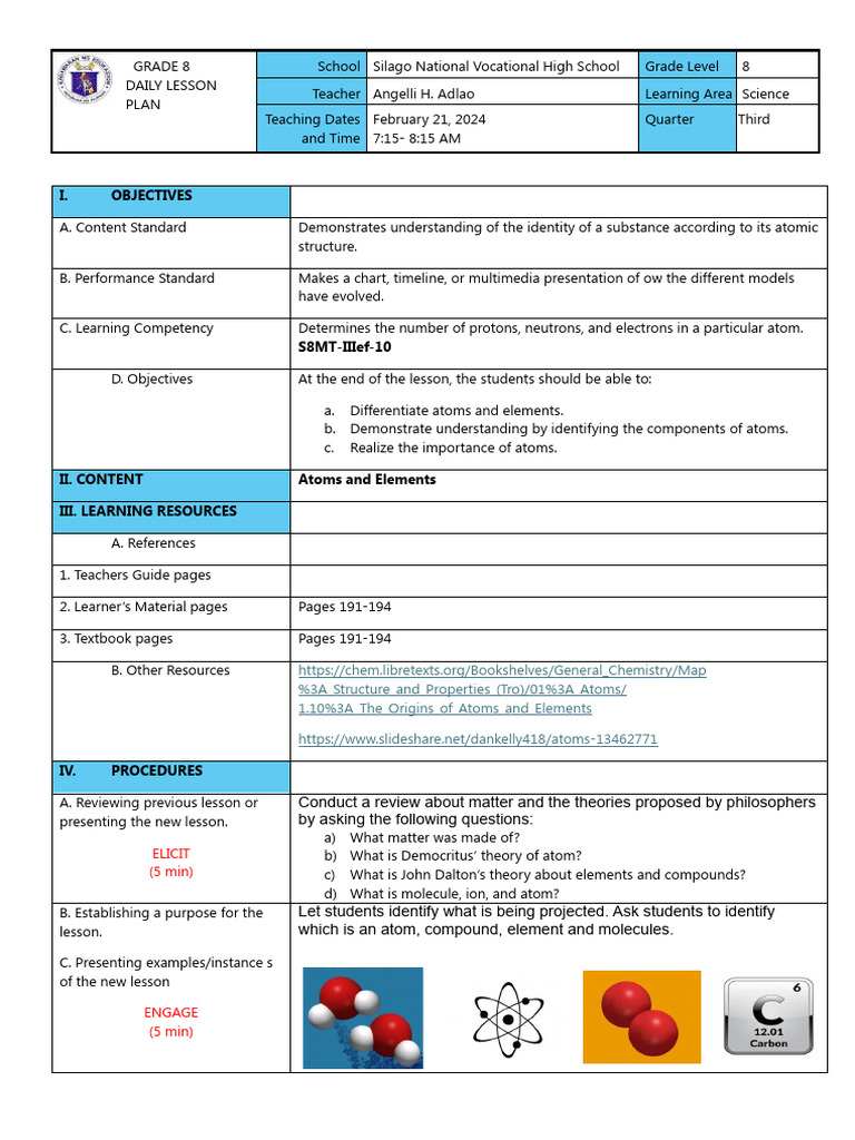 GRADE 8, LESSON PLAN 1 - Atoms | PDF | Atoms | Chemical Elements