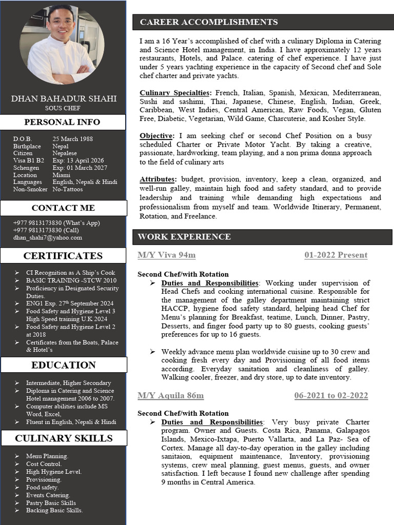 Dhan Shahi CV 2024 | PDF | Chef | Menu
