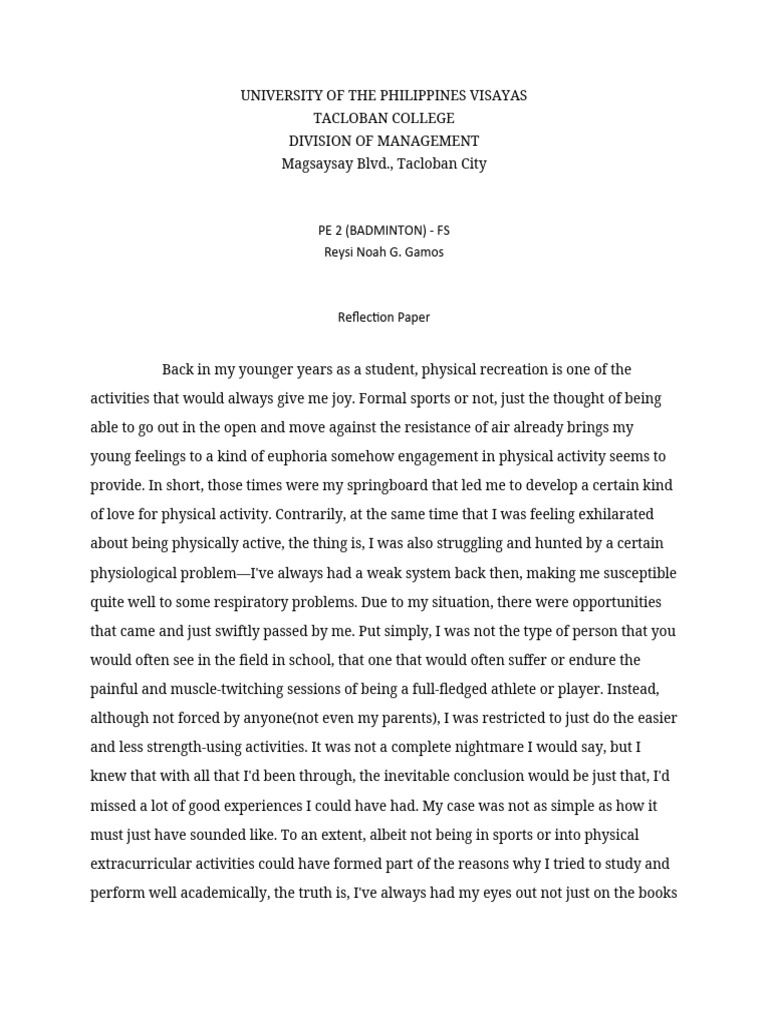 Reflection Paper Gamos PE (Badminton) - FS | PDF | Self-Improvement