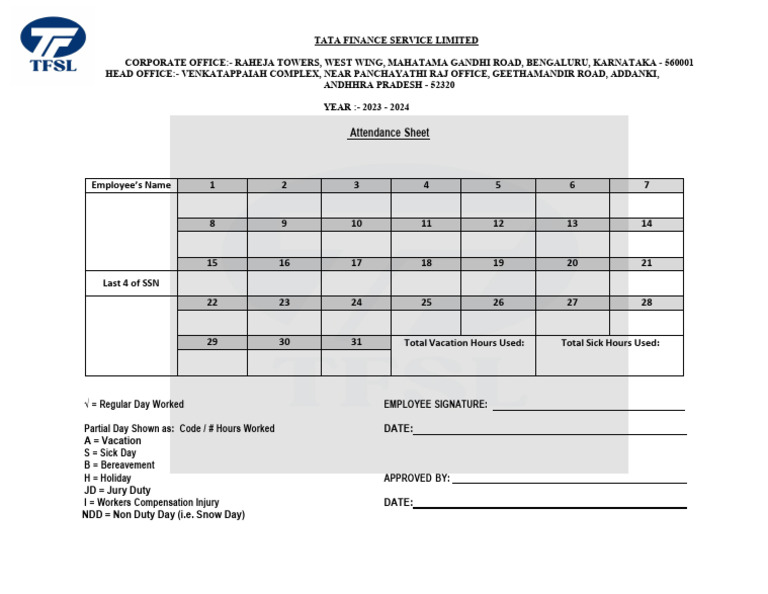 TATA Finance Employee Attendance Sheet 2023 | PDF