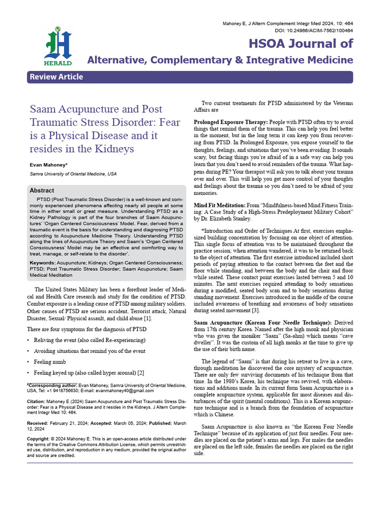 Saam Acupuncture and Post Traumatic Stress Disorder Fear Is A Physical ...