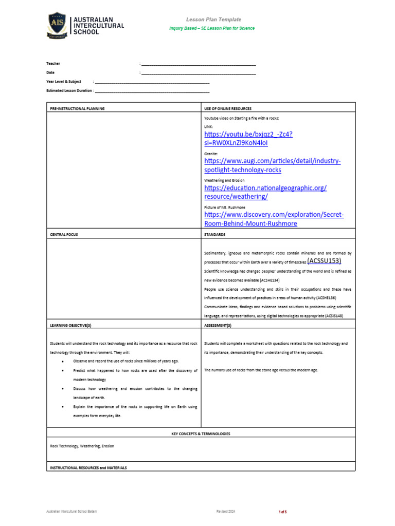 CHECKED 5es - Lesson - Plan - Template - Y8 | PDF | Rock (Geology ...