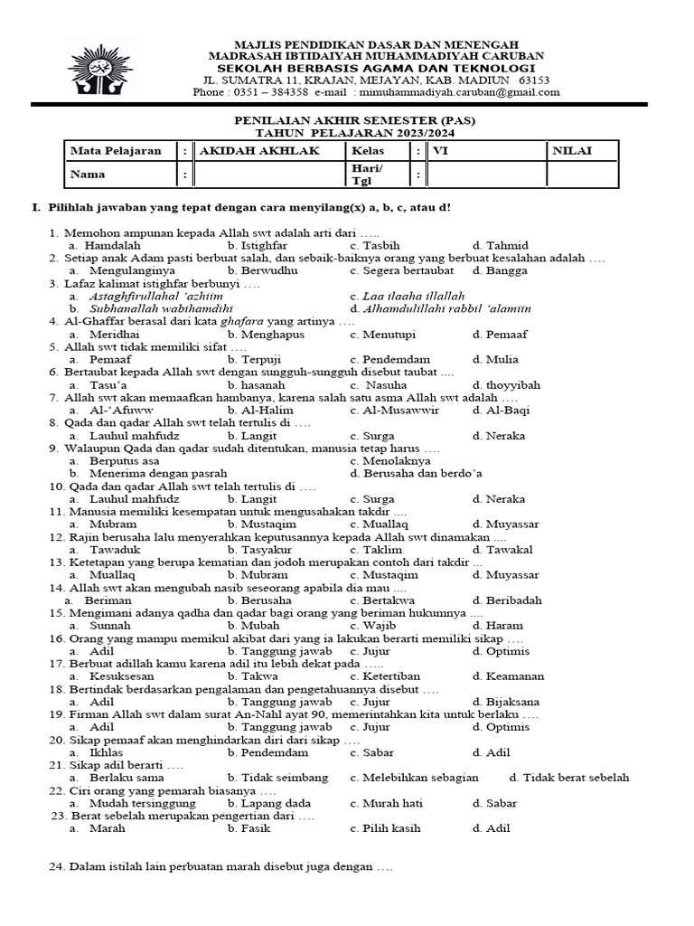 Pas Akidah Akhlak Kelas 6 Sem 1 | PDF