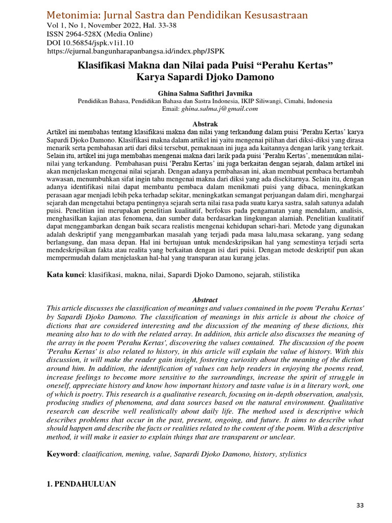 Klasifikasi Makna Dan Nilai Pada Puisi "Perahu Kertas" | PDF