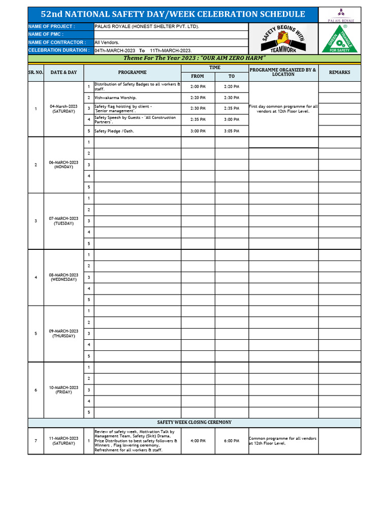 HSPL-PRM-H&S-52nd National Safety Day, Week Celebration Schedule-2023 | PDF