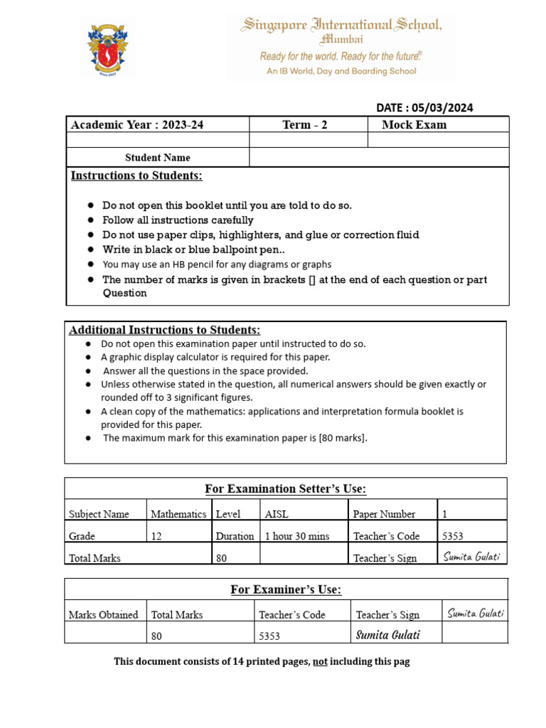 Mocks-AISL Maths P1-Mar 2024-QP Answerkey 1 | PDF