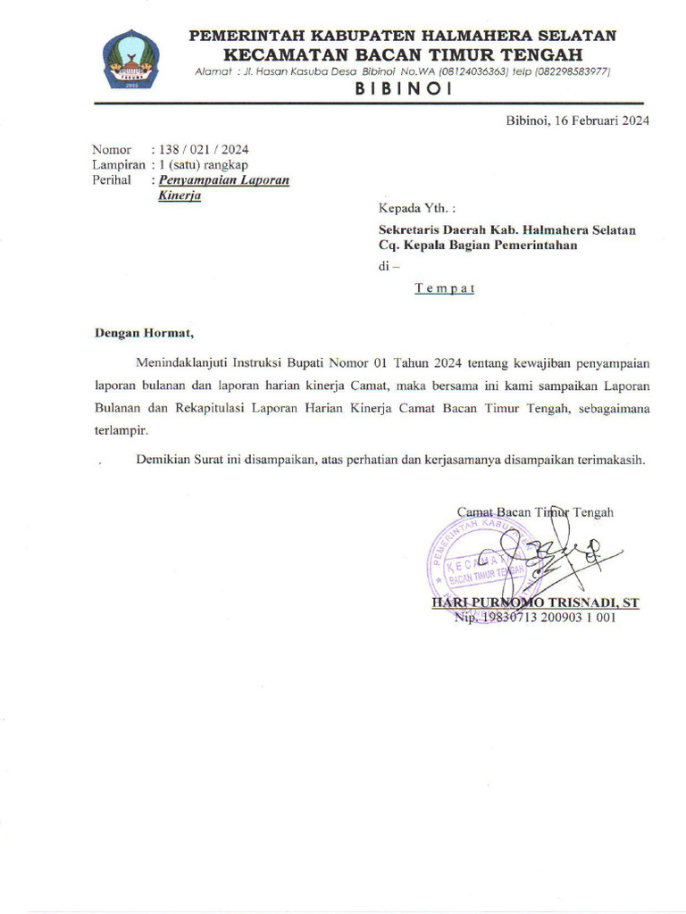 Laporan Kinerja Camat BTT - Januari 2024 | PDF