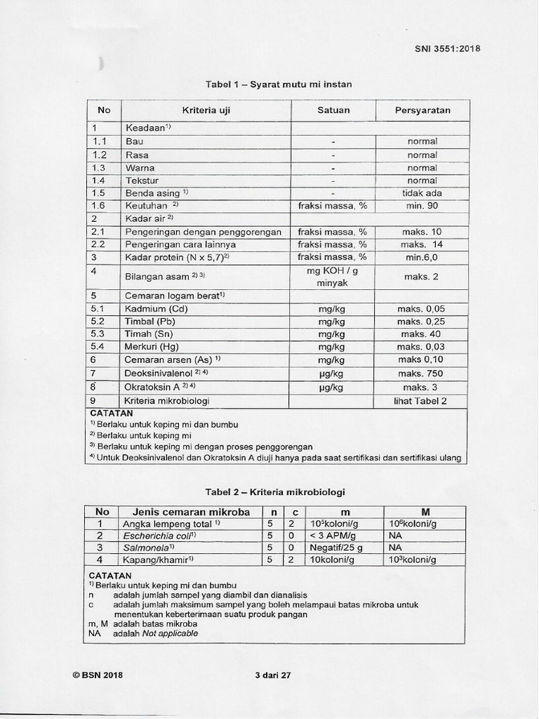 Syarat Mutu Mi Instan by SNI 3551-2018 | PDF