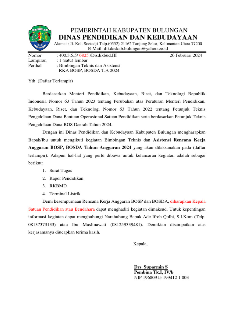 DRAF Undangan Bimbingan Teknis Dan Asistensi RKA BOSP BOSDA Tahun 2024 ...