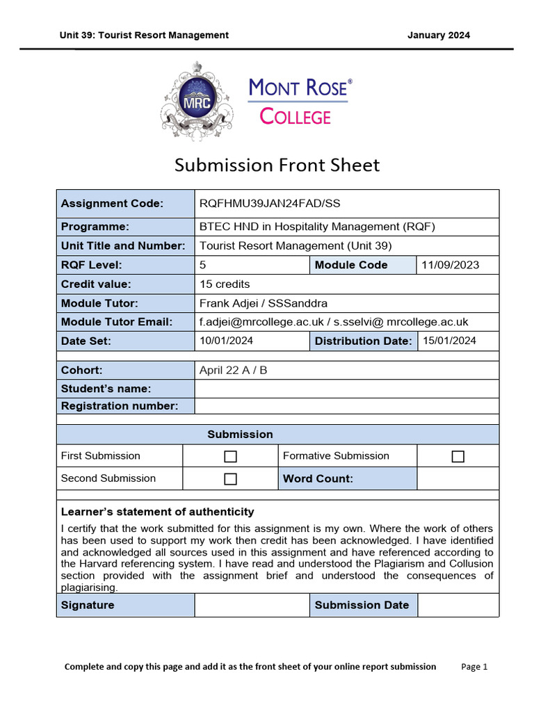 HND Hosp MGT U39 TRM Jan 2024 | PDF | Tourism | Plagiarism