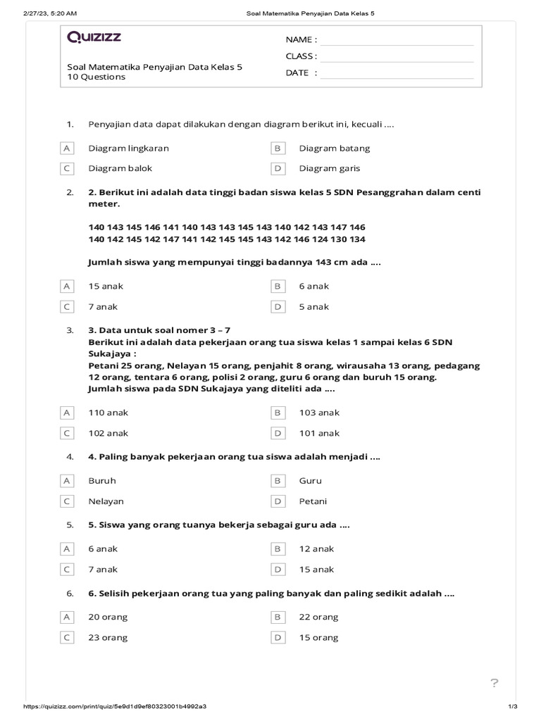 Soal Matematika Penyajian Data Kelas 5 | PDF