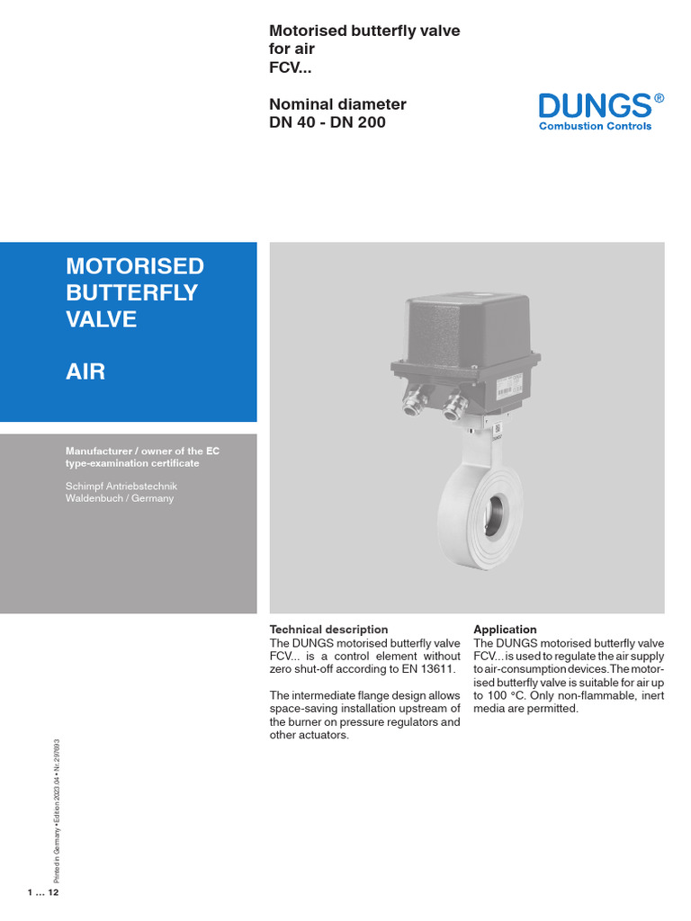Motorised Butterfly Valve For Air FCV... Nominal Diameter DN 40 - DN ...