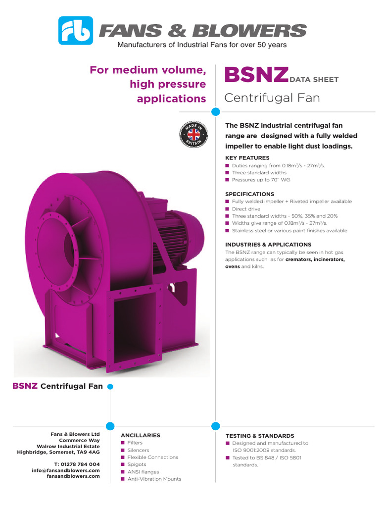 BSNZ DATA SHEET Centrifugal Fan | PDF | Secondary Sector Of The Economy ...