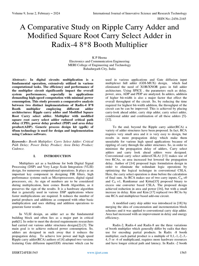 A Comparative Study On Ripple Carry Adder and Modified Square Root Carry Select Adder in Radix-4 ...