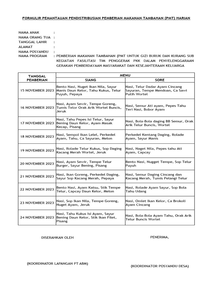 Menu Makanan Tambahan PMT | PDF | Memasak, Makanan, & Anggur