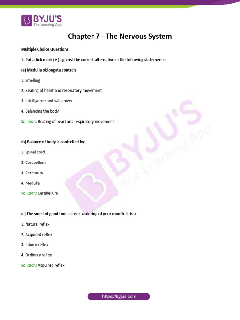 ICSE Class 8 Biology Selina Solution Chapter 7 The Nervous System | PDF | Central Nervous System ...