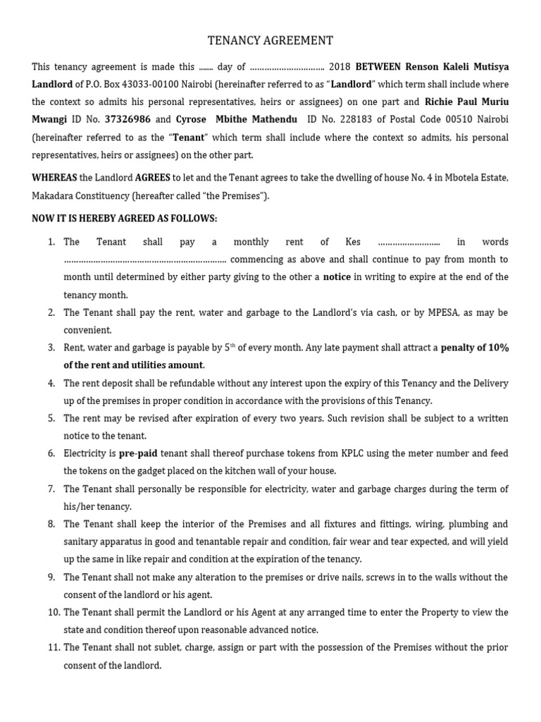 Tenancy Agreement for Mbotela Estate | PDF | Leasehold Estate | Landlord