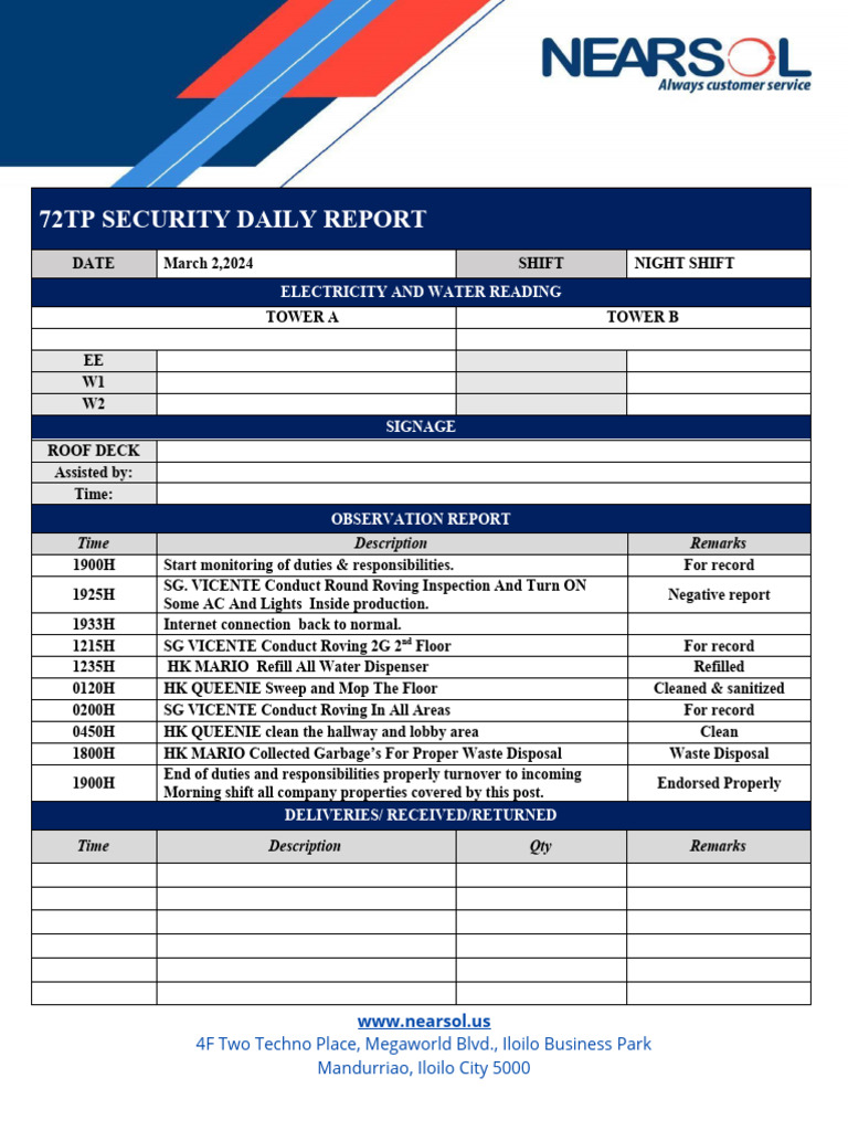 Night Shift Security Report - March 2, 2024 | PDF | Housekeeping ...