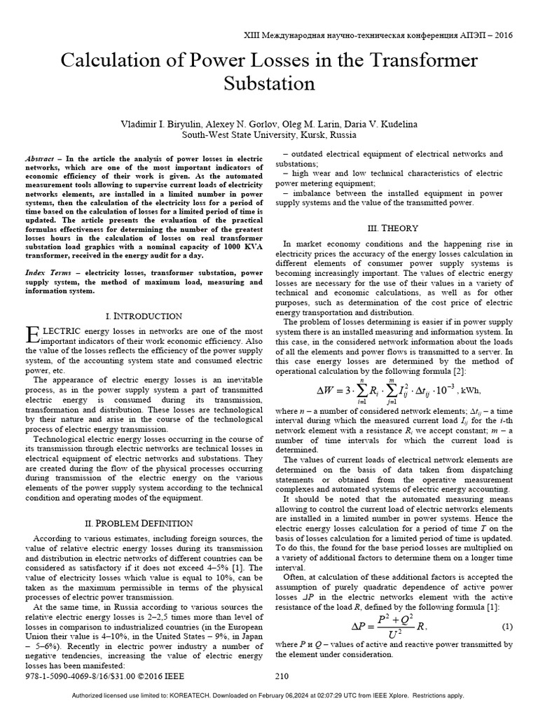 Calculation of Power Losses in The Transformer Substation | PDF ...