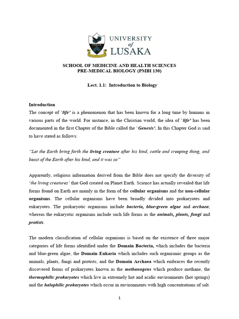 Lecture 1 PMBI 130 Introduction To Biology - 2024 | PDF | Life | Organisms